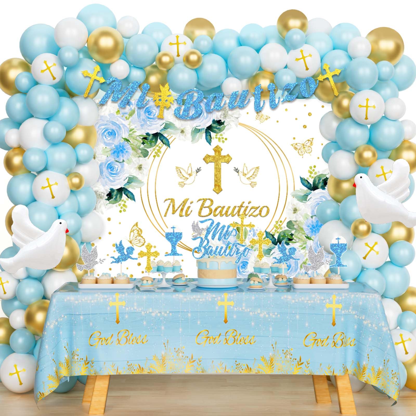 Hombae Mi Bautizo Decorations for Boys, Bautizo Decorations, Blue Baptism Decorations, First Communion Christening Decorations for Baby Boy, Backdrop Tablecloth Balloon Banner Cake Cupcake Topper