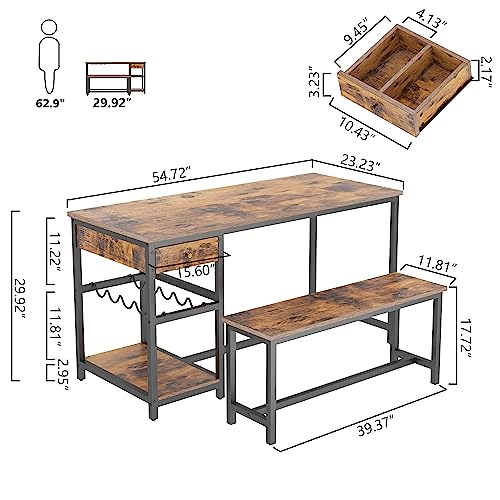 STIKELY Dining Table Set for 4-6 People, 3 Pieces Kitchen Dinner Table Set with 2 Drawers & Long Benches, Dining Room Table with Wine Rack & Glass Holder and Storage Shelf for Home Kitchen Use