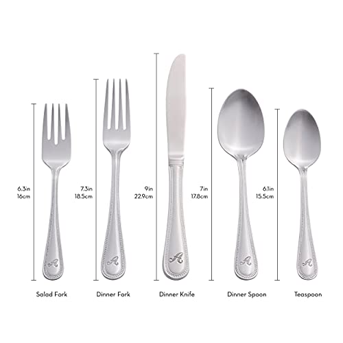 RiverRidge Monogrammed Beaded Flatware Set - L - 46-Piece Silverware with Custom Letter Stamp, 18/0 Stainless Steel Utensils Set for Daily Use & Special Occasions - Dishwasher Safe, Versatile Design