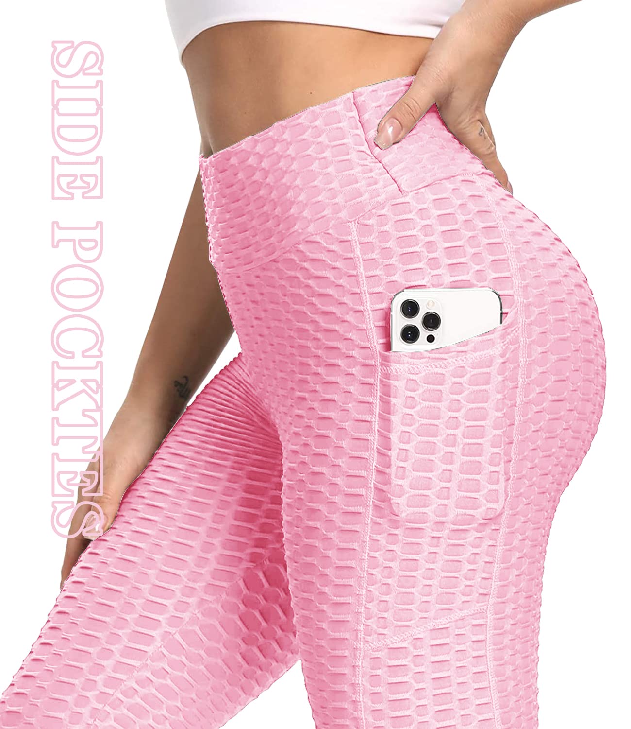 EHH Women High Waisted Anti-Cellulite Leggings with Pocket Ruched Butt Lifting Yoga Pants L