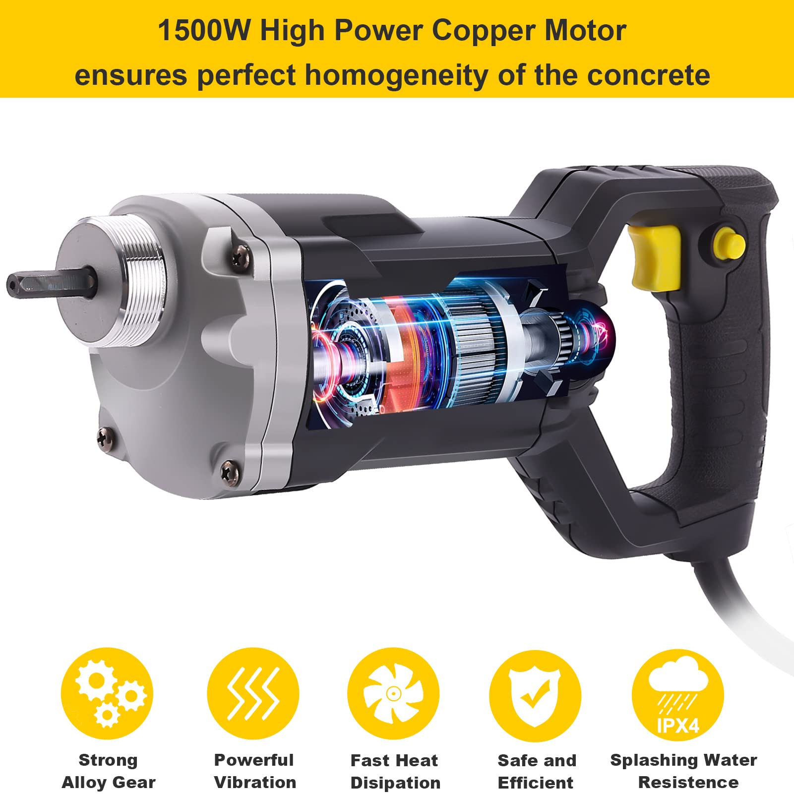 Handheld Concrete Vibrating Tool, 1500W Electric Concrete Vibrator with 6.6ft Shaft Rod, 14400VPM Portable Pencil Cement Vibrarator Remove Air Bubble and Mix Concrete, ROLAYSEE TOOLS