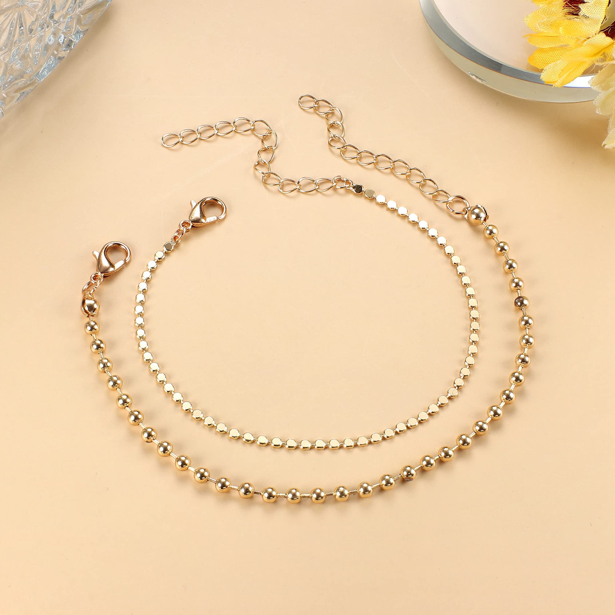 FINREZIO 6PCS Gold Chain Bracelet for Women Paperclip Link Beaded Cuban Bracelet Chunky Cable Chain Bracelet Adjustable Layered Stackable Bracelets Jewelry Style B