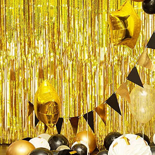 LOLStar 3 Pack Gold Photo Booth Props,3.2 X 8.2 ft Laser Rain Gold Foil Fringe Curtains,Photo Booth Backdrop Streamer Backdrop for Birthday,Wedding,Engagement,Anniversary Party Decorations