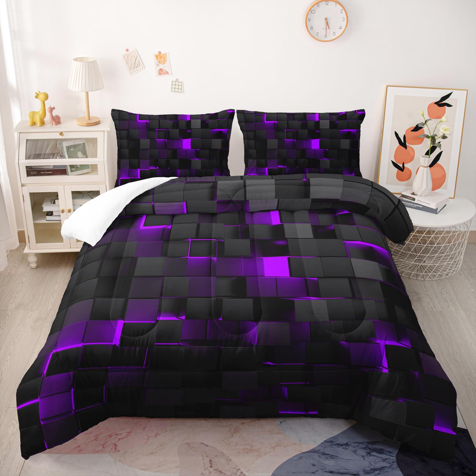 Geometric Violet Black Comforter Set,Light Honeycomb 3 Piece Bedding Set Full Size for Teen Boys,Modern Bedding Quilt Set Geometry Decor,Microfiber Lightweight 1 Comforter 2 Pillowcases All Season