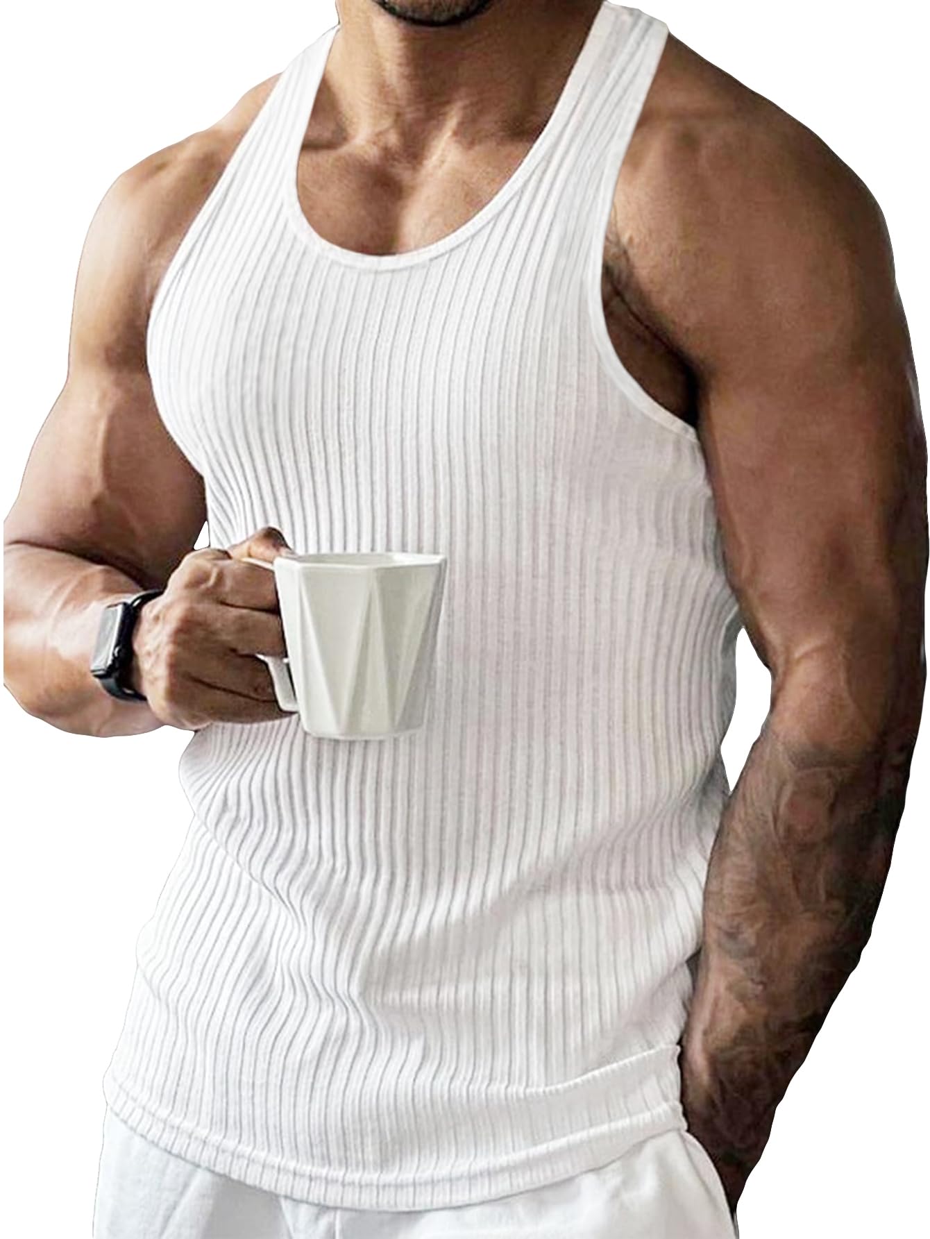 COZYEASE Men's Rib Knit Round Neck Sleeveless Solid Tank Top Bodycon Casual Plain Undershirts Top White M