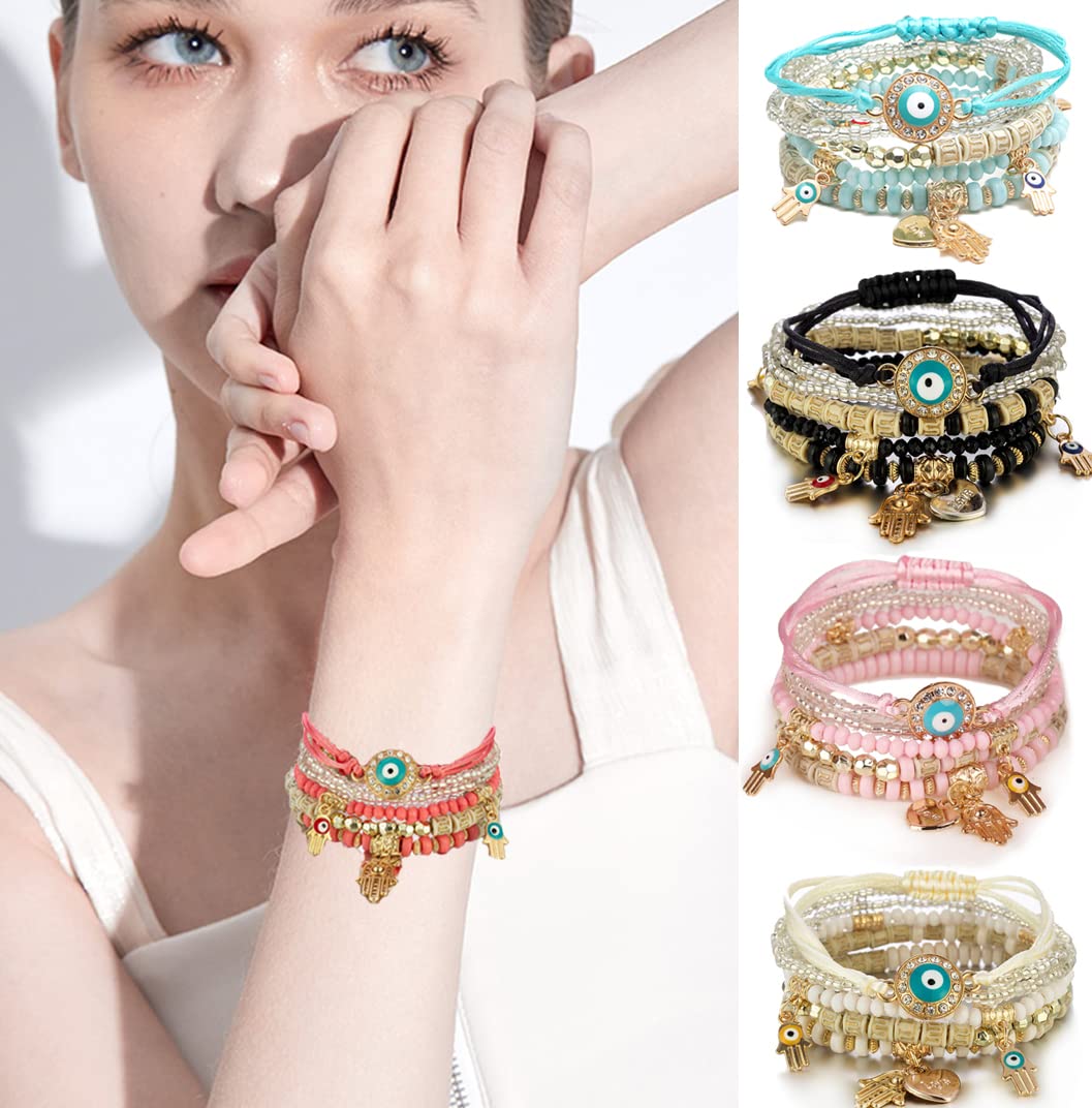 FINZOR 8 Sets Bohemian Bracelets for Women Stretch Multilayer Colorful Beads Bracelet with Charm Jewelry