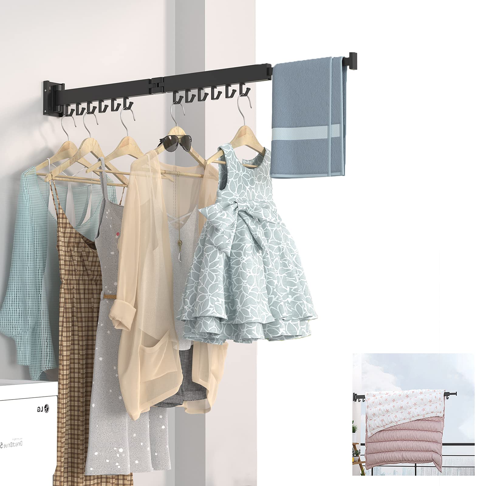 PLKO Retractable Clothes Drying Rack,Wall Mounted Clothes Hangers,Space Saver Laundry Drying Rack for Balcony,Laundry,Bathroom,Patio and Bedroom (2-Pole Black)