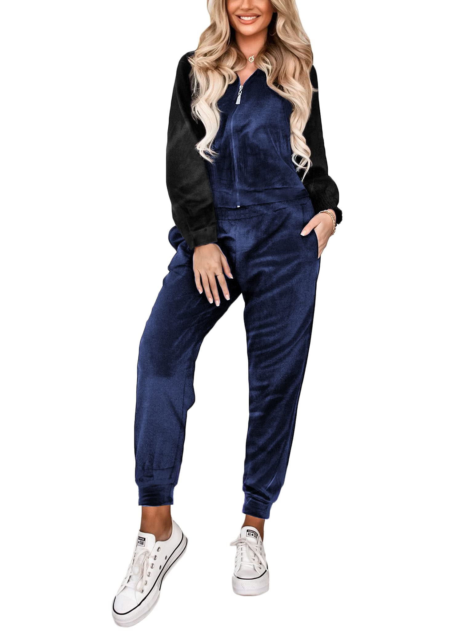 Ekouaer Women's Sweatsuit Set Velour Pocket Tracksuits 2 Piece Sweatshirt & Sweatpants Outfit Navy Blue L