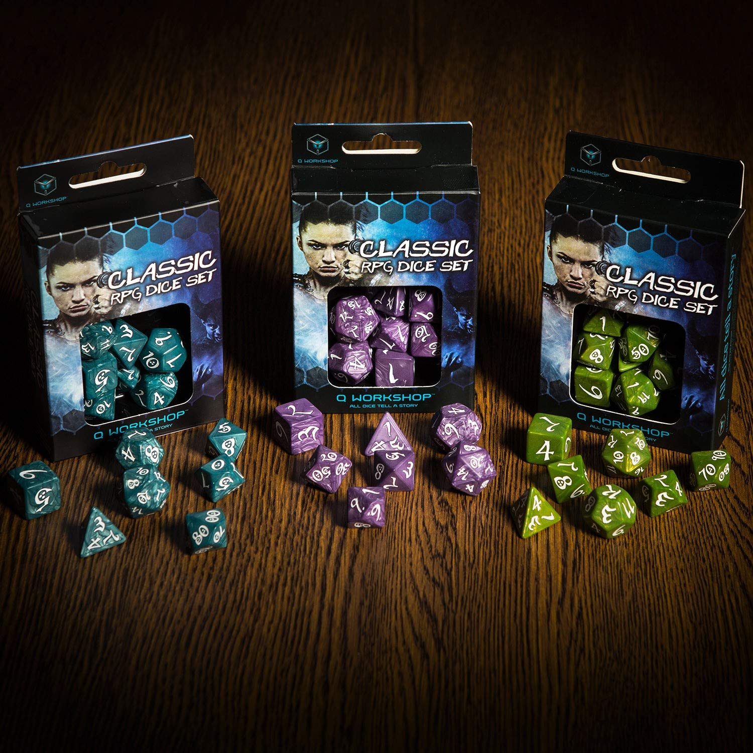 Q WORKSHOP Classic Olive & White RPG Ornamented Dice Set 7 polyhedral Pieces