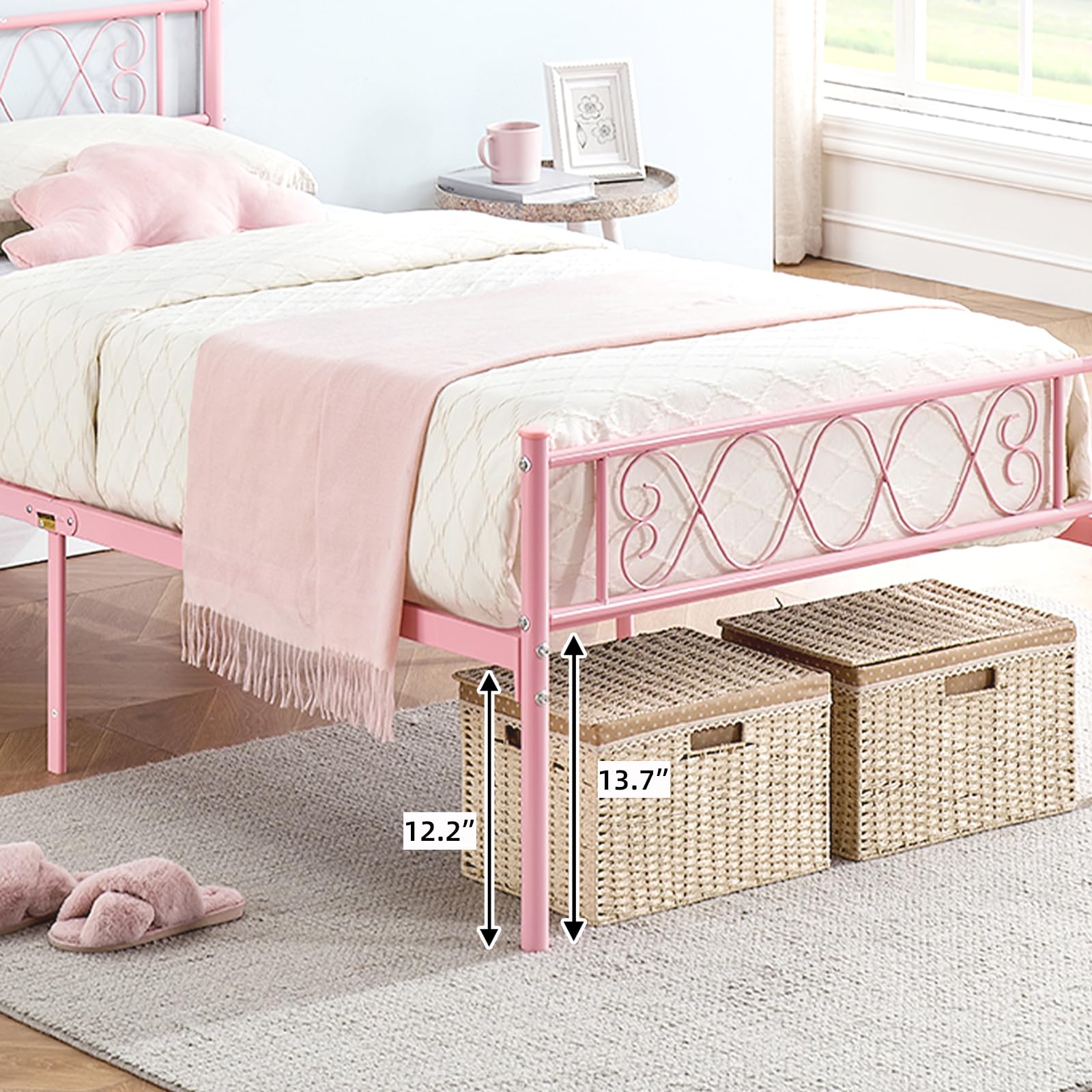 IDEALHOUSE Pink Metal Twin Bed Frame with Headboard and Footboard for Girls and Boys, Twin Size Platform Bed Frame with Iron-Art Sweet Heart, No Box Spring Needed, Easy Assembly