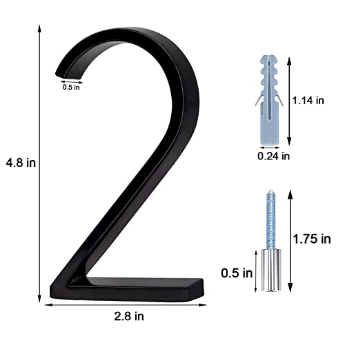 Floating House Numbers - 5 Inch Modern Address House Numbers With Nail Kit And Instructions Easy To Install High Gloss Black Number 2