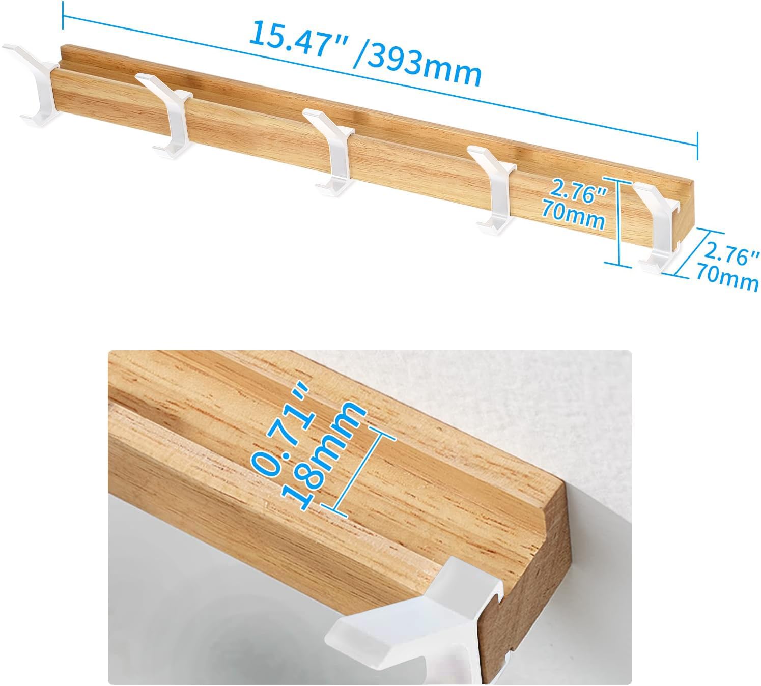 Generic Moderm Wall-Mounted Coat Hook Rail with 5 Double Hooks, 15-Inch Aluminum and Metal for Coats, Hats, Towels, and Robes (White). Natural Wood (Lacquer Coating); Hook: Aluminum (x 5)