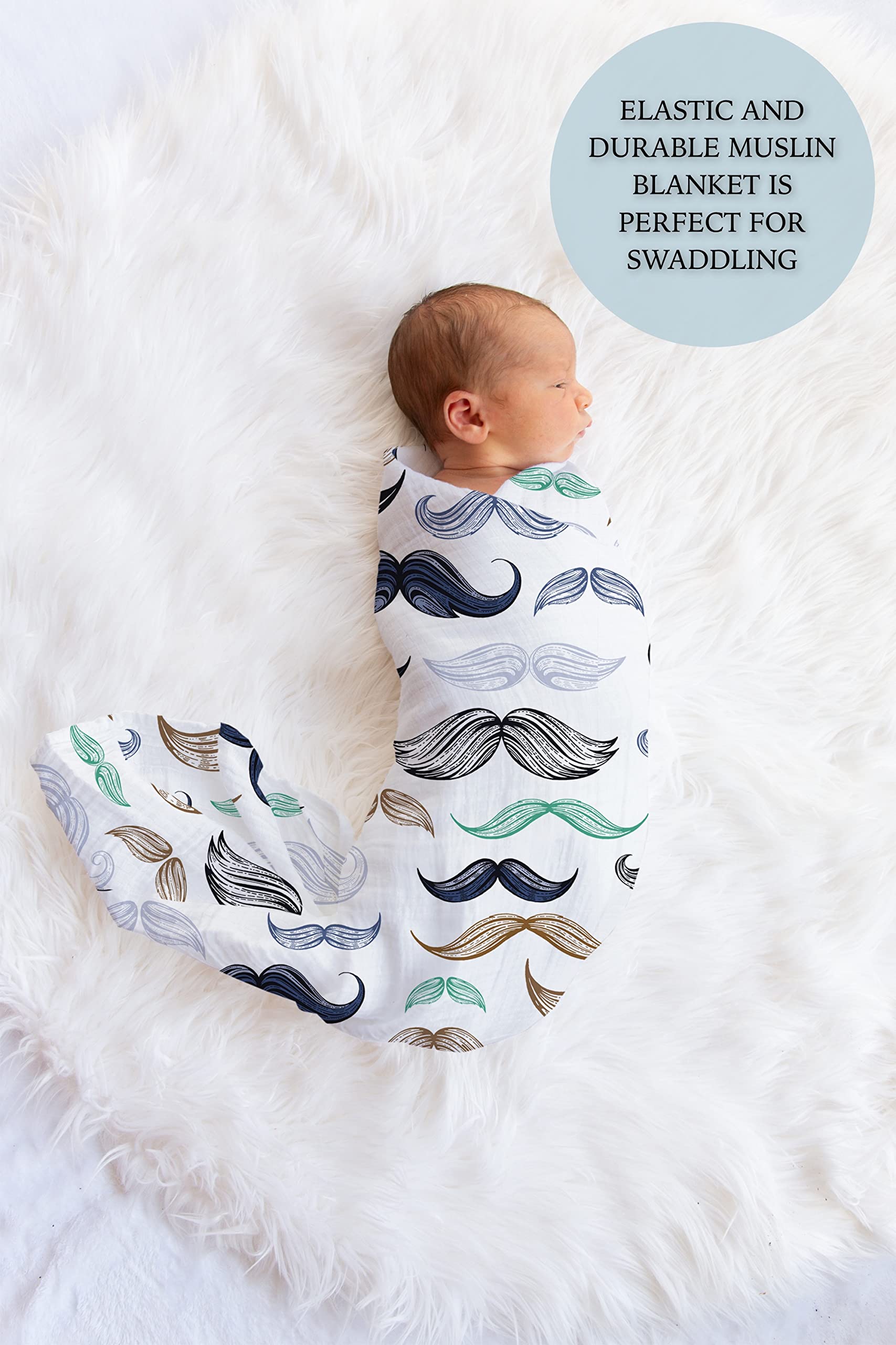 Noisy Mouse 47" x 47" Muslin Swaddle Blanket. 70% Bamboo, 30% Cotton. Little Man Mustache Patternā¦