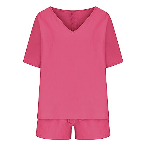 HGps8w Two Piece Outfits for Women Casual Loose Short Sleeve V Neck Pullover Top and Shorts Lounge Pajama Set with Pockets