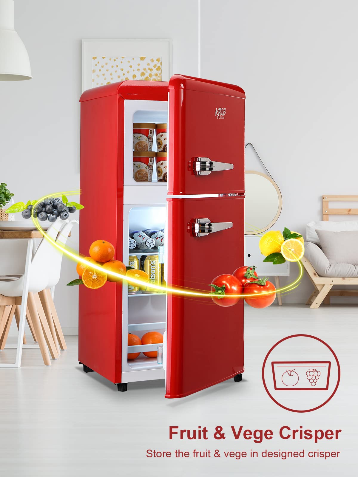 KRIB BLING 3.5 Cu.Ft Refrigerator with Freezer Double Door 7 Level Adjustable Thermostat for Dorm, Bar, Office,Kitchen, Apartment Red (KB02 FLS-80G-RED)