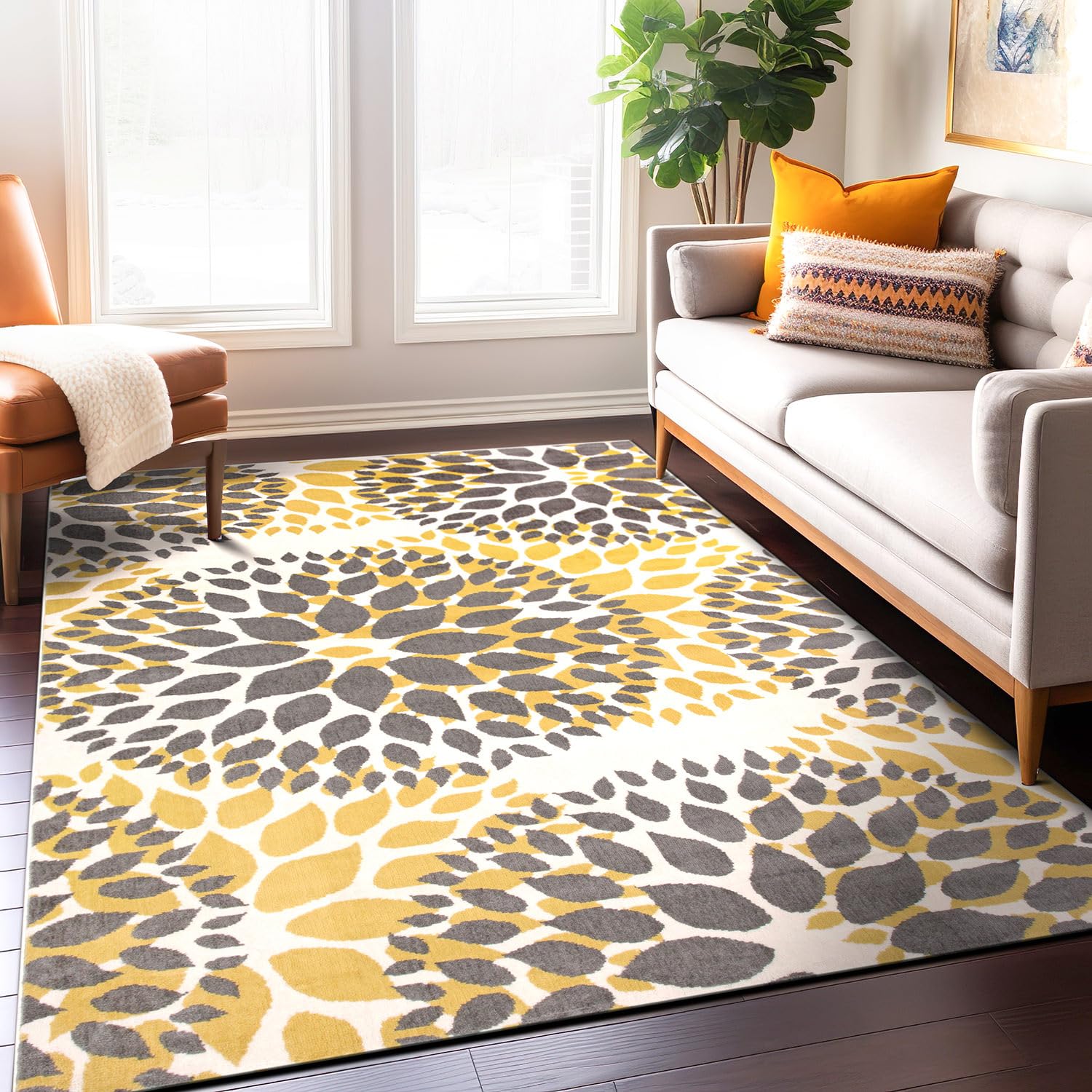 Rugshop Modern Floral Circles Design for Living Room,Bedroom,Home Office,Kitchen Non Shedding Area Rug 5' x 7' Yellow