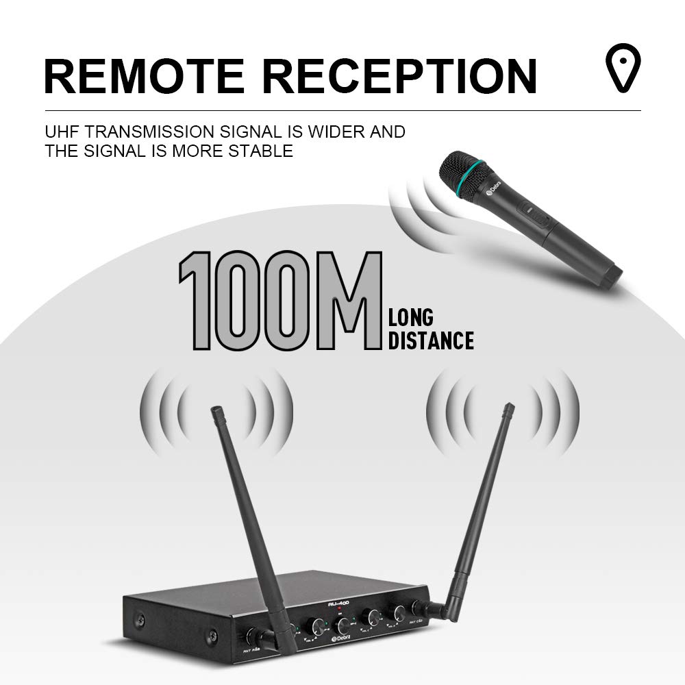 D Debra Audio Wireless Microphone System Pro DU4004 UHF 4 * 16 Adjustable Channel Wireless Handheld Lavalier Headset Mics, Ideal for Meeting Church Speech Party (2-Handheld & 2-Bodypack)