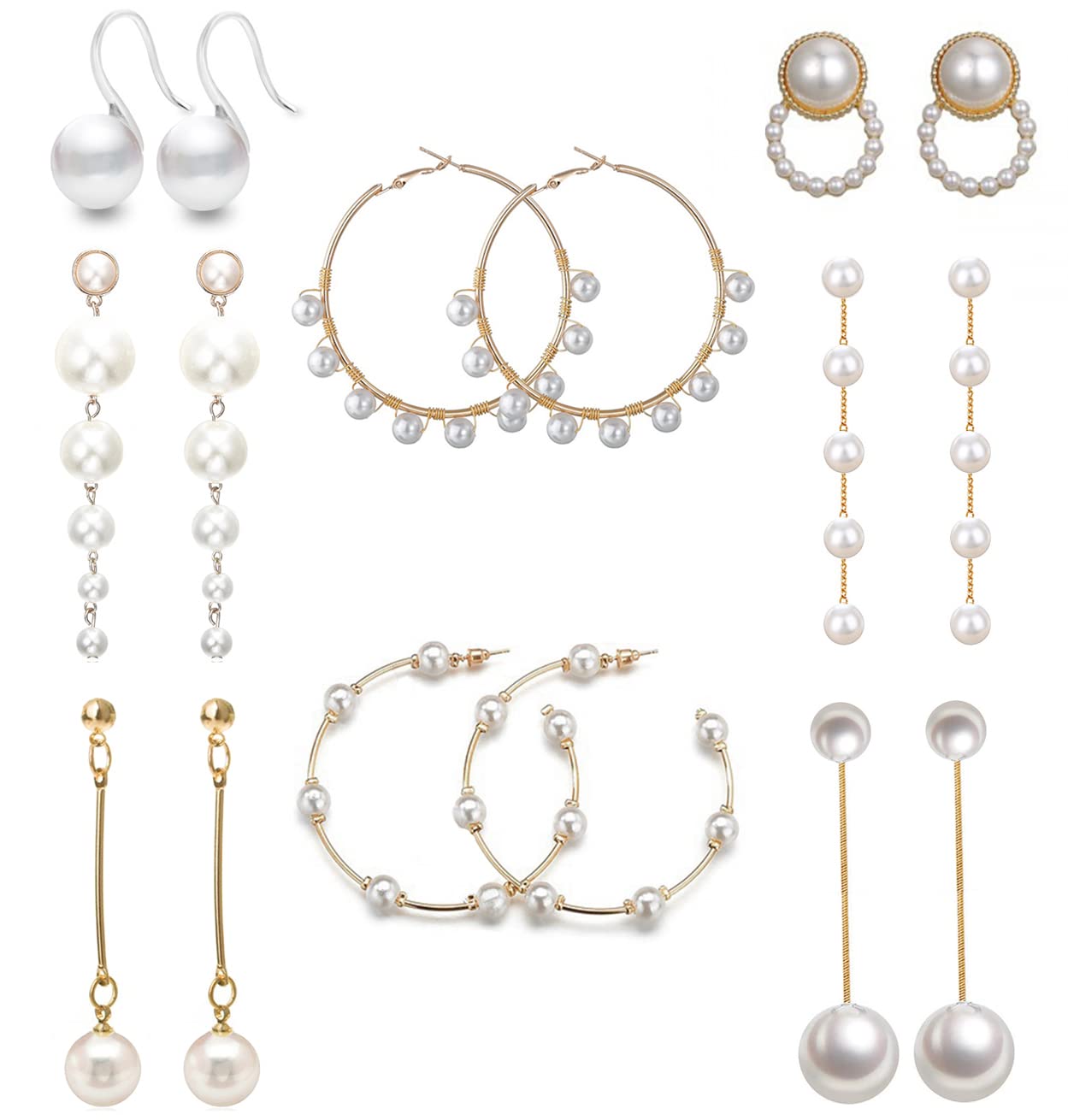 FIRAZIO 8 Pairs Big Simulated Pearl Long Tassel Drop Earrings for Women Double Sided Front Back Pearl Earrings Imitation Pearl Dangle Earrings