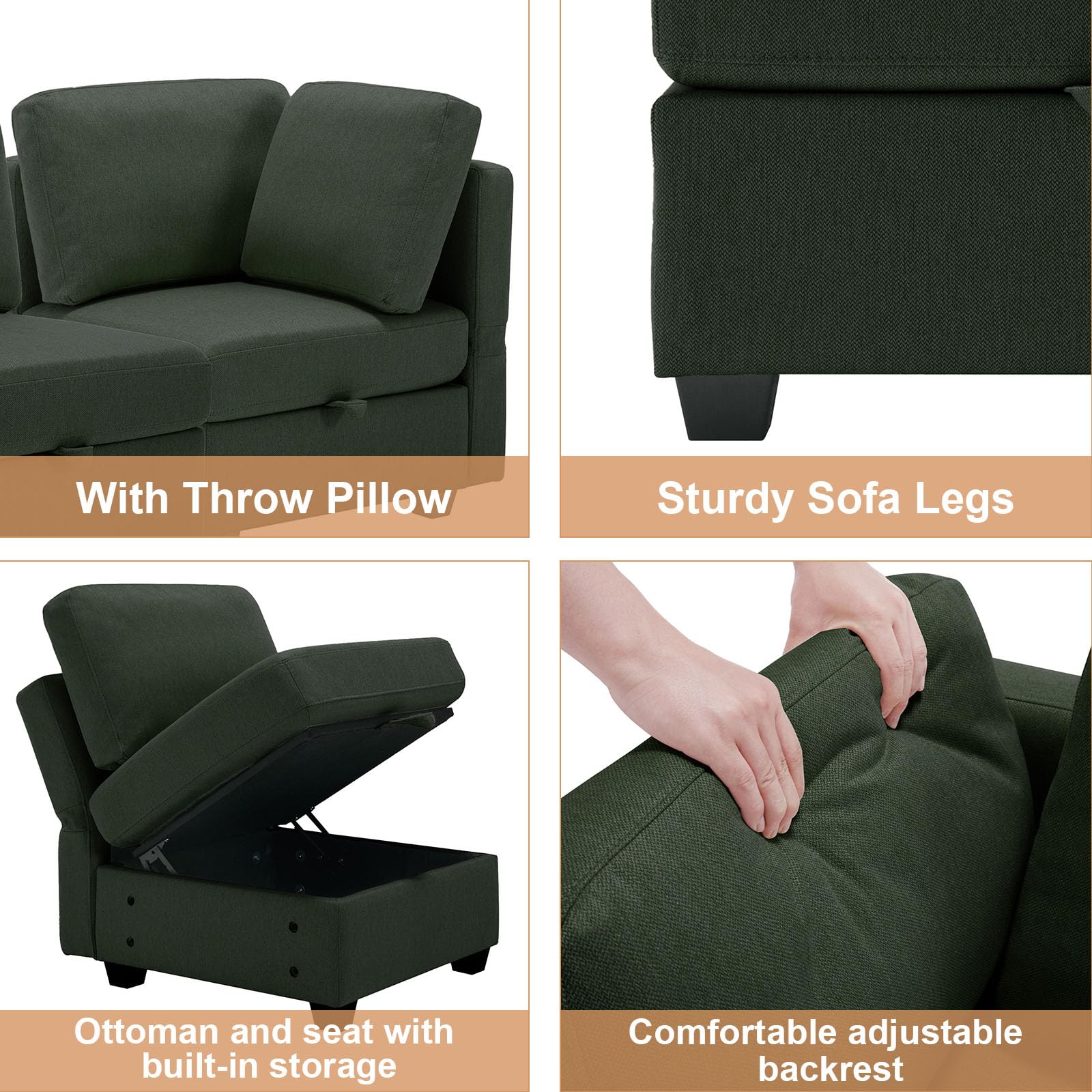 HZANHY Modular Sectional Sofa Couch with Storage Seat,Modern Linen Couch with Adjustable Arms and Backs Large Convertible Sofa with Ottoman for Living Room Apartment Office(Green 2seats+1Ottoman