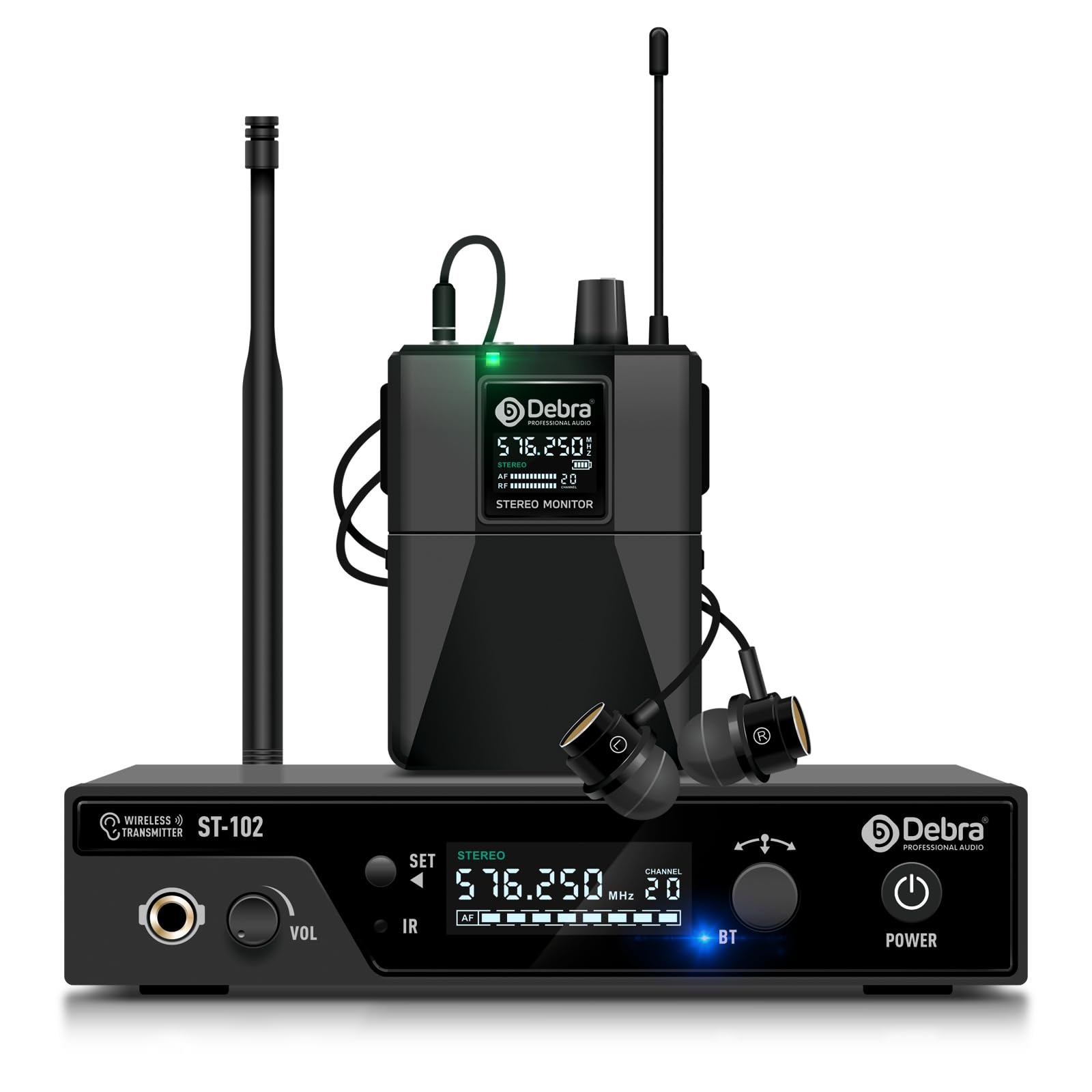 D Debra PRO ST-102 UHF Stereo Wireless in Ear Monitor System, Wireless IEM with Bodypacks and Headsets, Ideal for Stage Studio Speech (1 Bodypack with Transmitter (ER-102))