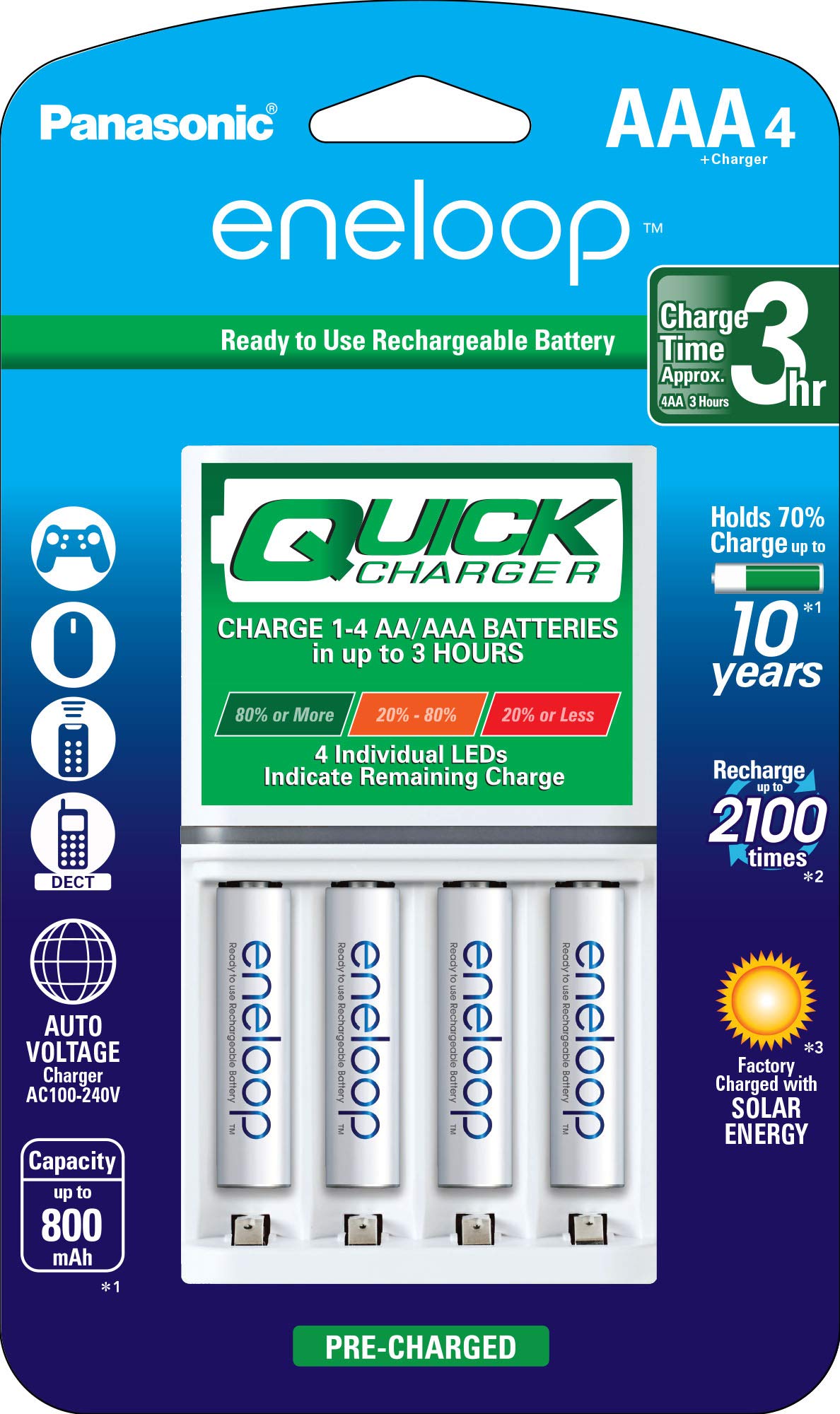 Eneloop Panasonic Rechargeable Battery Bundle with Advanced Individual 3 Hour Quick Charger (4 AAA Batteries) + 12 AAA Batteries Pack