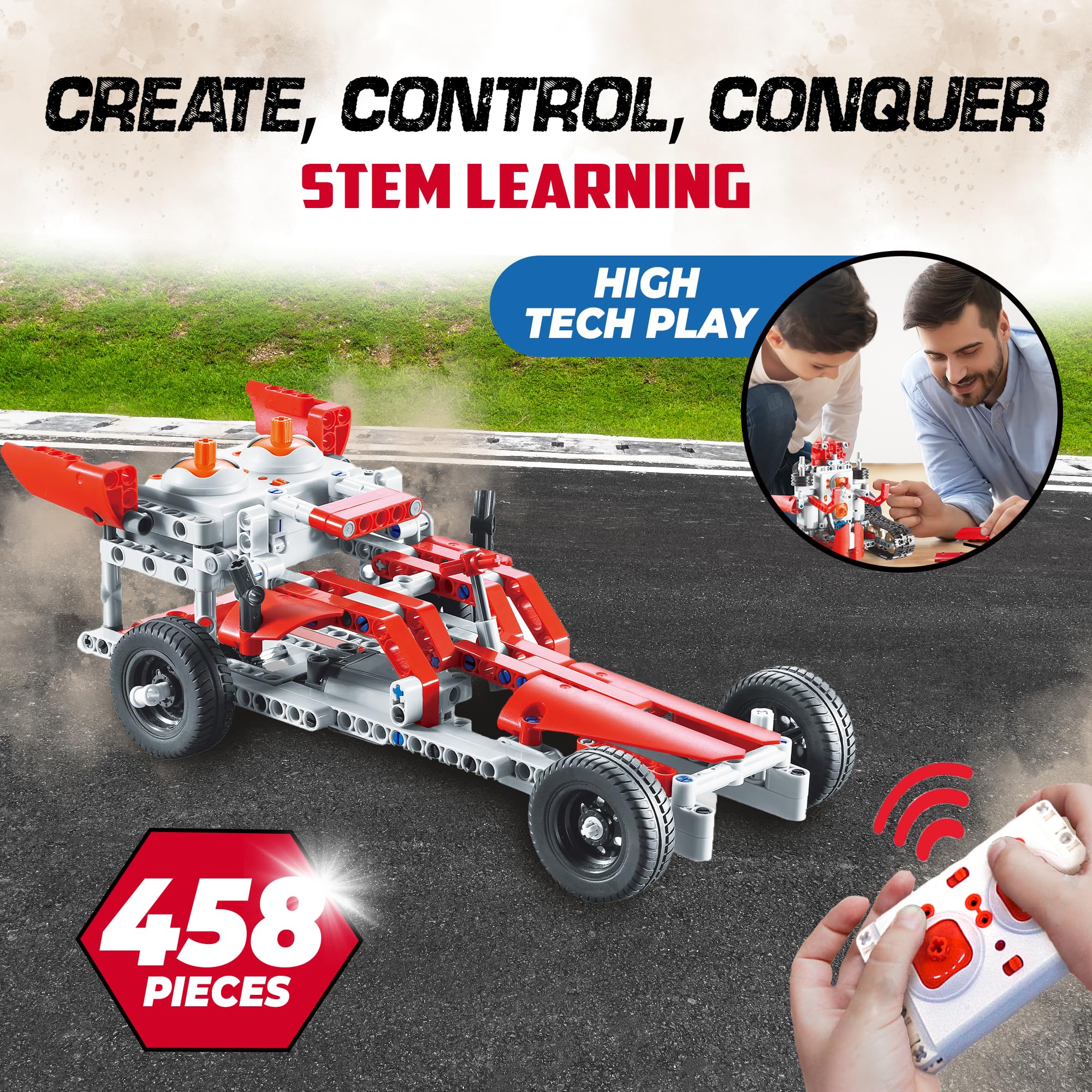 Qmecha 16 in 1 STEM RC Car – Remote Control Stunt RC Tank - 458 PCS RC Car Kit –Learning and Educational RC Snowmobile Gifts for Boys - Remote Control Cars for Kids for Boys