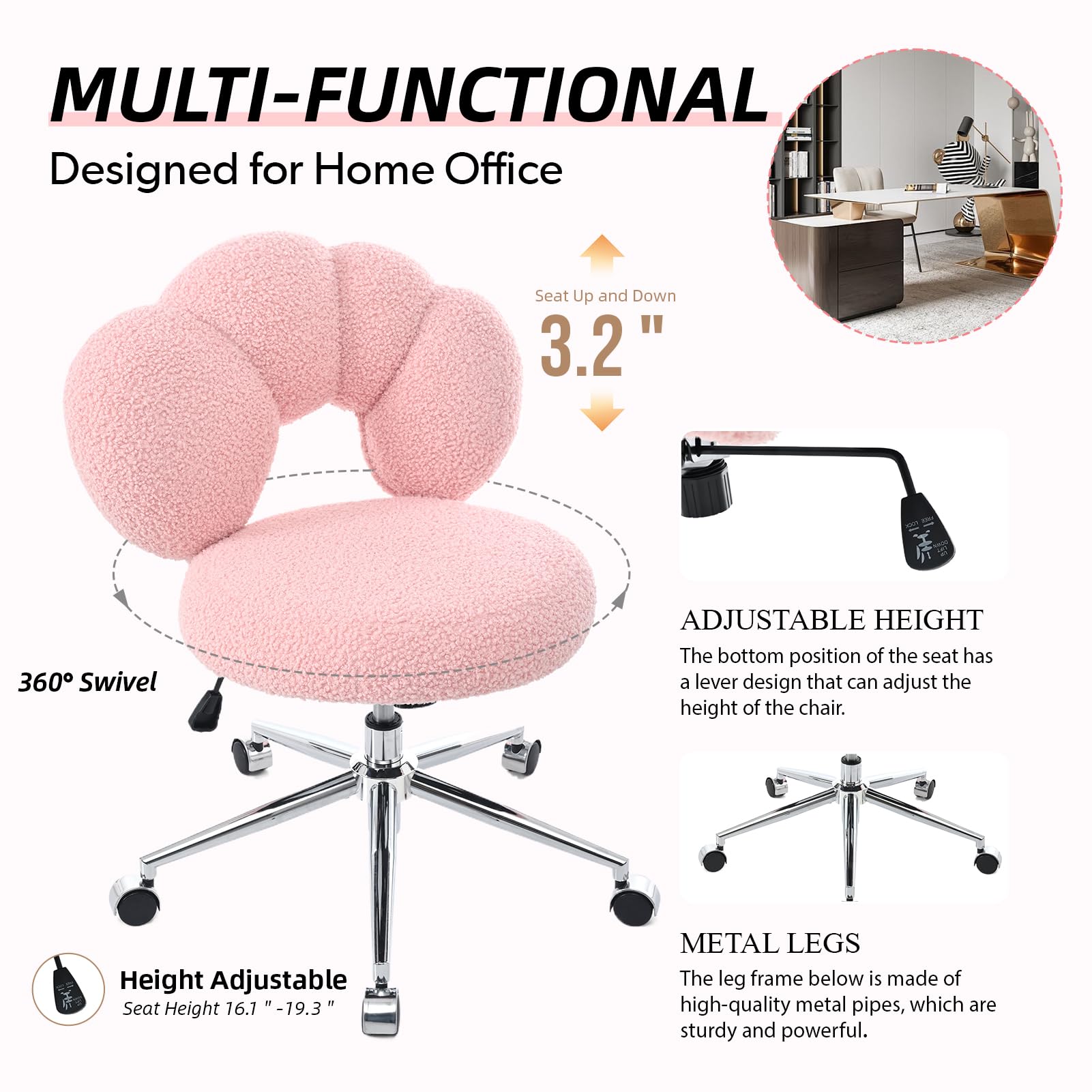 Home Office Chair Criss Cross Chair with Wheels, Upholstered Chairs with 360 Swivel, Height Adjustable Swivel Computer Task Chairs for Living Room, Bedroom, Vanity, Study(Pink)