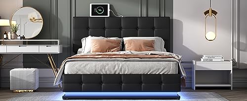 Gustonhon Queen Size Lift Up Storage Bed/Faux Leather Headboard with Storage and LED Lights and USB Charger,Hydraulic Storage System for Kids Teens and Adults, No Box Spring Needed(Black, Queen)