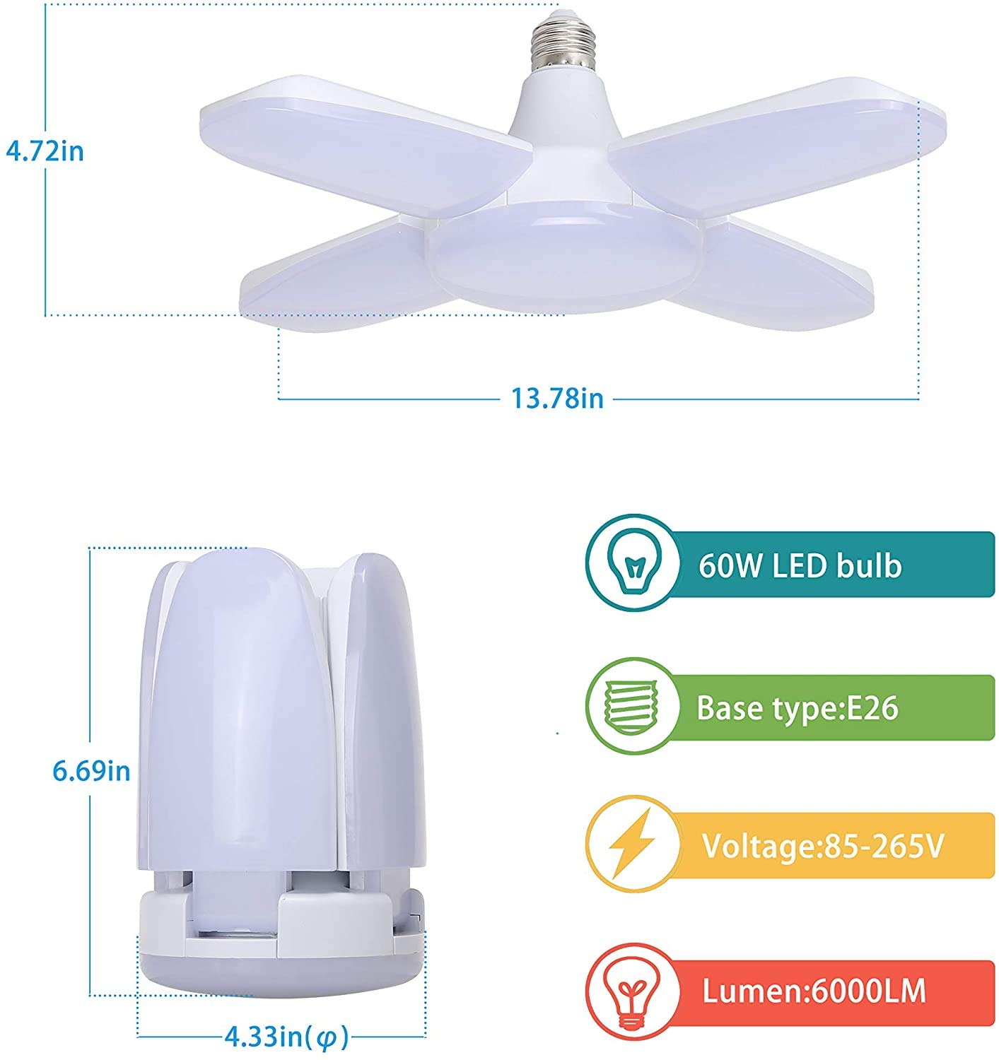 CESAILT LED Garage Lights Bulb 1 Pack, 60W Garage Lights Ceiling, 6000LM Garage Lighting, E26 Daylight Lamps with 4 Deformable Panels for Garage, Workshop, Basement, auto Shops Etc.