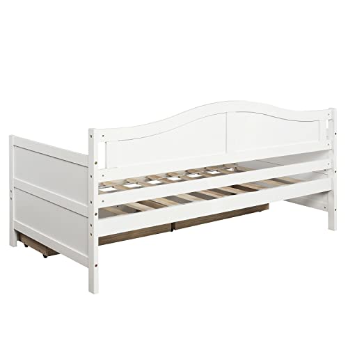 Sturdy Wood Twin Size Bed Frame Twin Wooden Daybed with 2 Drawers,?Sofa Bed for Bedroom Living Room,No Box Spring Needed,White