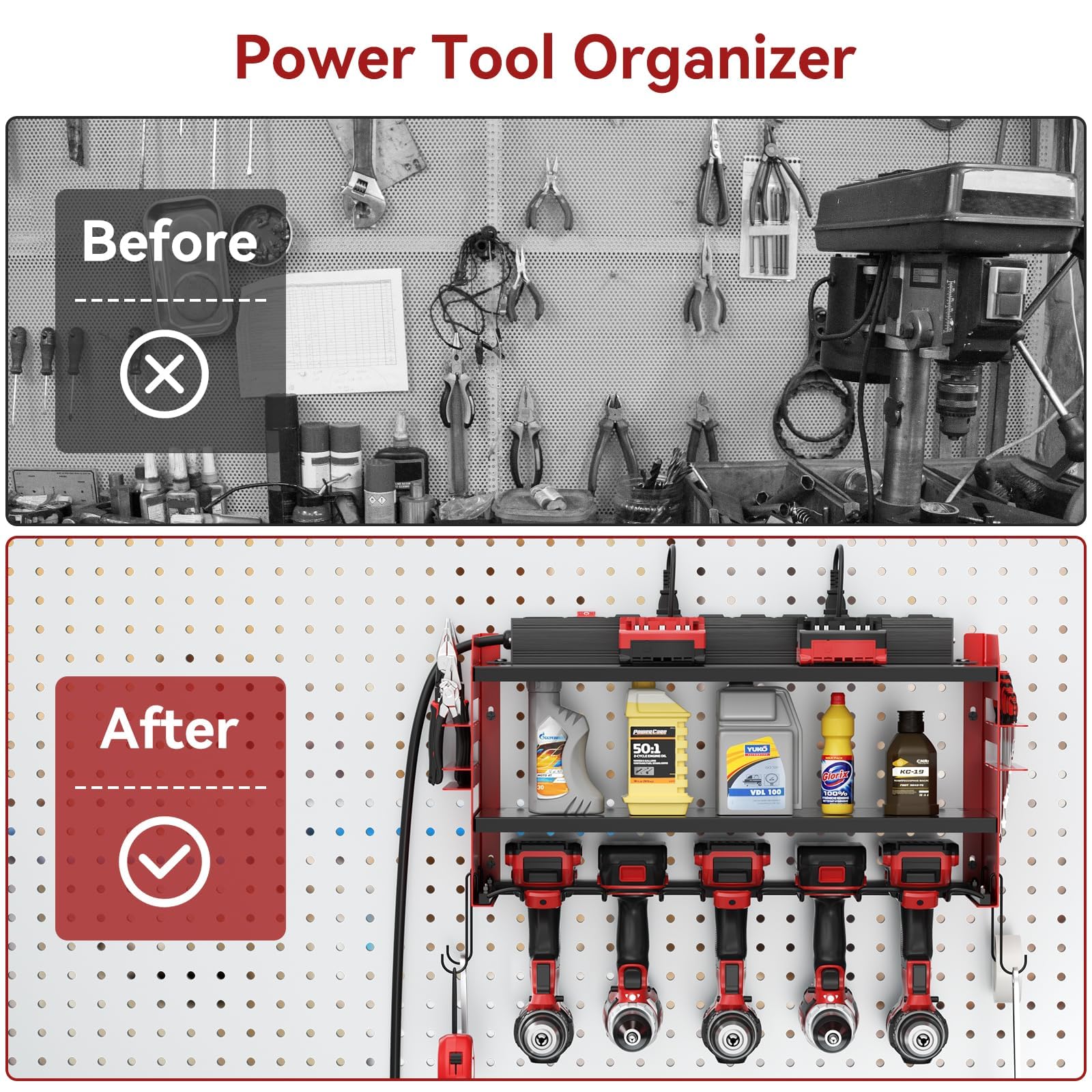 Kungfuking Power Tool Organizer Wall Mount with Charging Station,Garage Drill organizer Built in 8 Outlet Power Strip,5 Drill Storage Shelf with Hooks, Screwdriver, Power Tool Rack for Men (Yellow)