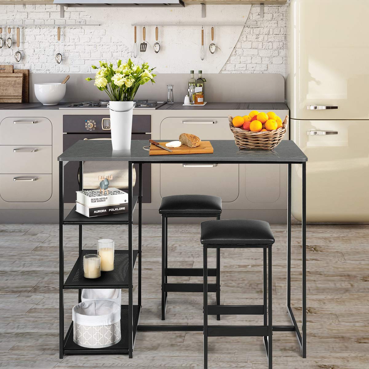 COSTWAY 3-Piece Dining Set, Compact 2 Chairs and Table Set, Kitchen Set with Rectangular Faux Marble, 3 Metal Storage Shelves, Fashionable Simple Style, Kitchen Counter Height Table Set (Gold)