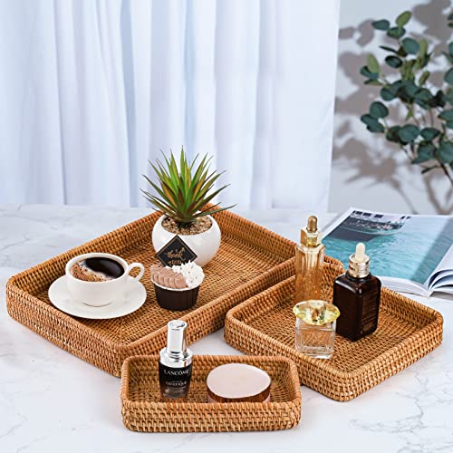 Hacaroa 3 Pack Rectangular Rattan Serving Tray, Hand Woven Wicker Basket Decorative Nesting Tray, Natural Weaving Storage Basket Tray Organizing Platter for Bread, Fruit, Drinks, Snack, 3 Sizes