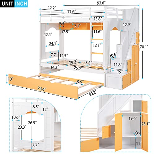 HomSof Twin Over Twin Bunk Bed with Trundle,Stairs,Ladders Solid Wood Bunk Bed with Storage Cabinet (White + Yellow)