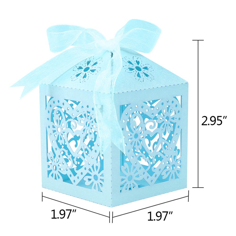 Lucky Monet 25/50/100PCS Love Heart Laser Cut Wedding Candy Gift Box Chocolate Box for Wedding Favor Birthday Party Bridal Shower with Ribbon (100pcs, Blue #01)
