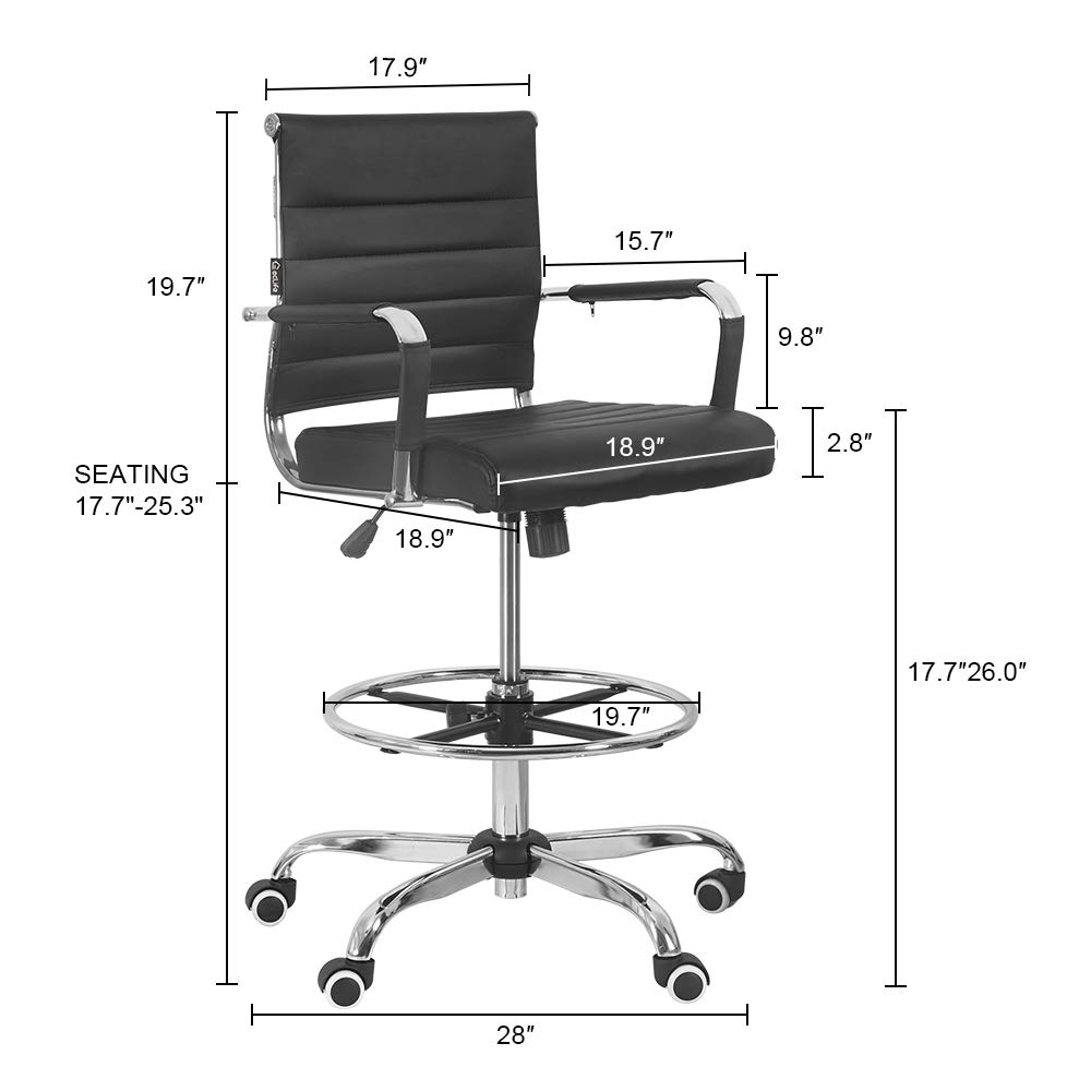 Drafting Chair Stool Office 400lbs Footrest Leather – Tall Arms Counter Adjustable Mid-Back Tilt-Tension Control Rocker Lumbar Support Swivel Rolling for Standing Desk 45"(Black, Ribbed Leather)
