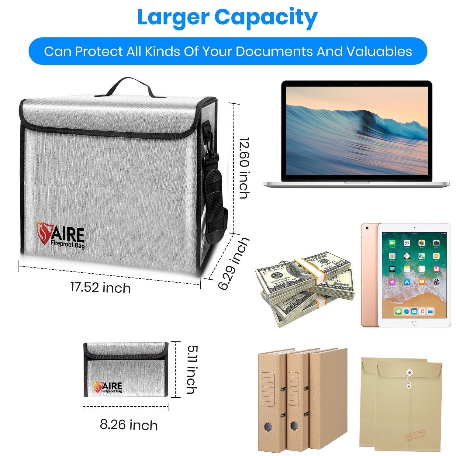 Fireproof Document Bag Set Include Large Bag(17"x12"x6") and Money Bag(5"x8"), Large Fireproof Document Box with Waterproof for Home and Office. Fireproof Safe for Valuables Storage (Light white)