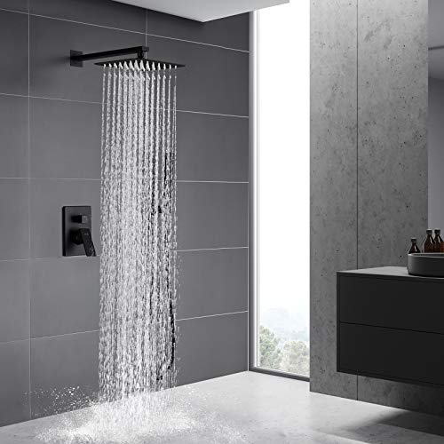 Esnbia 12" Rain Shower Head, Stainless Steel Rainfall Ceiling Mount Shower Head, 2.5 GPM Water Flow, Matte Black (Shower Arm NOT Include)
