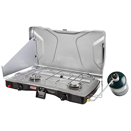 Coleman Triton+ 2-Burner Propane Camping Stove with Push-Button Instant Ignition, Portable Camping Grill/Stove with Adjustable Burners, Wind Guards, and 22,000 Total BTUs of Power