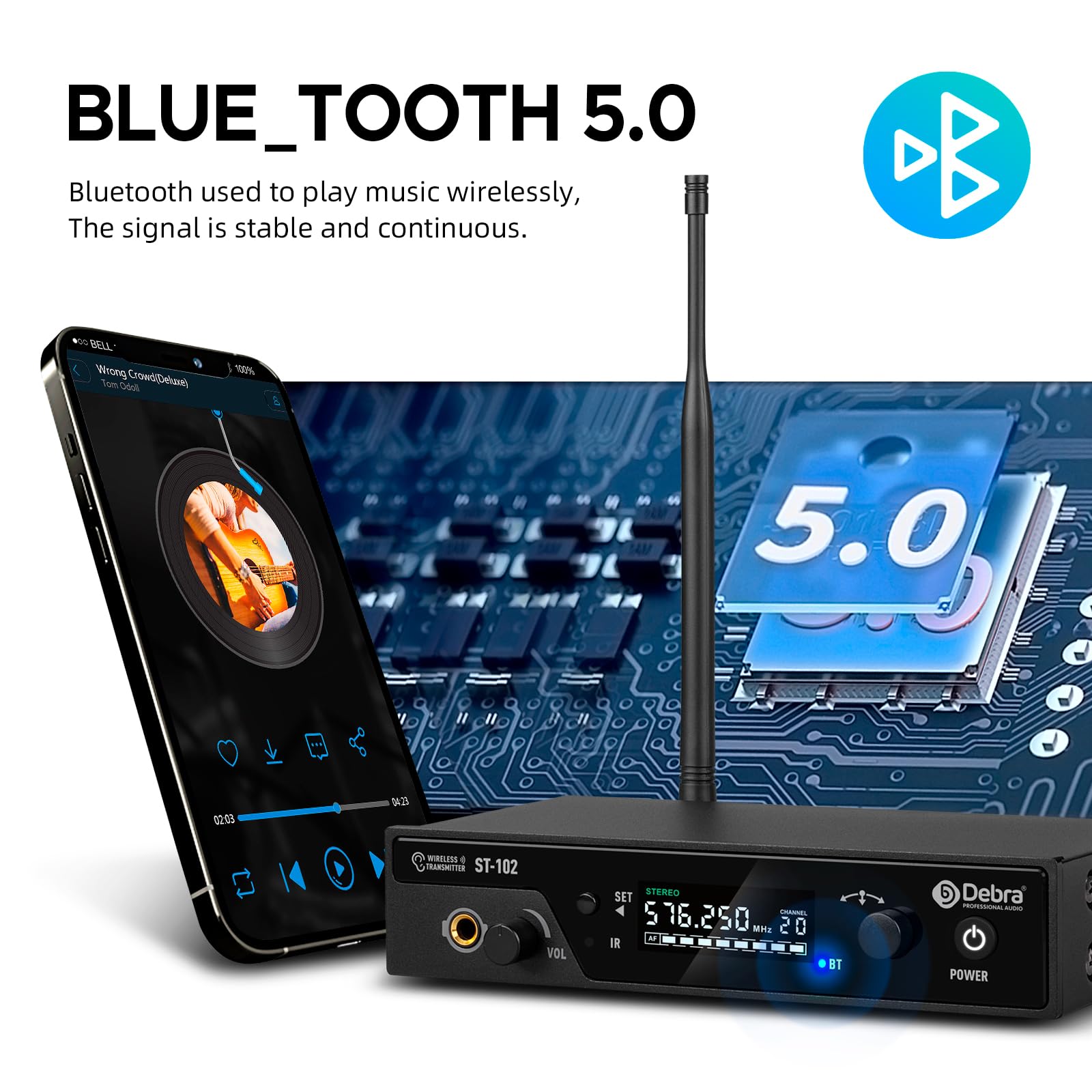 D Debra PRO ST-102 UHF Stereo Wireless in Ear Monitor System, Wireless IEM with Bodypacks and Headsets, Ideal for Stage Studio Speech (1 Bodypack with Transmitter (ER-102))