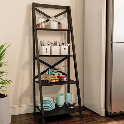 Lavish Home 4-Tier Ladder Bookshelf β Freestanding Wooden Bookcase β X-Back Frame and Leaning Look Decorative Shelves for Home and Office (Black) Set of 1