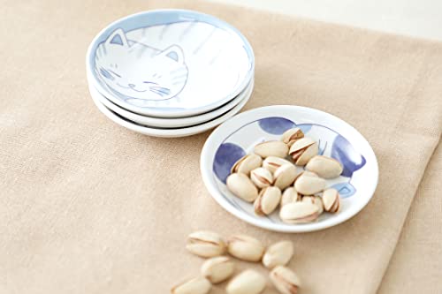 HAKONE YOSEGI Japanese Small Plate Set Ceramic Cute Cats Design Appetizer Dessert Sushi Sauce 3.94 x 0.8 Inches Set of 4