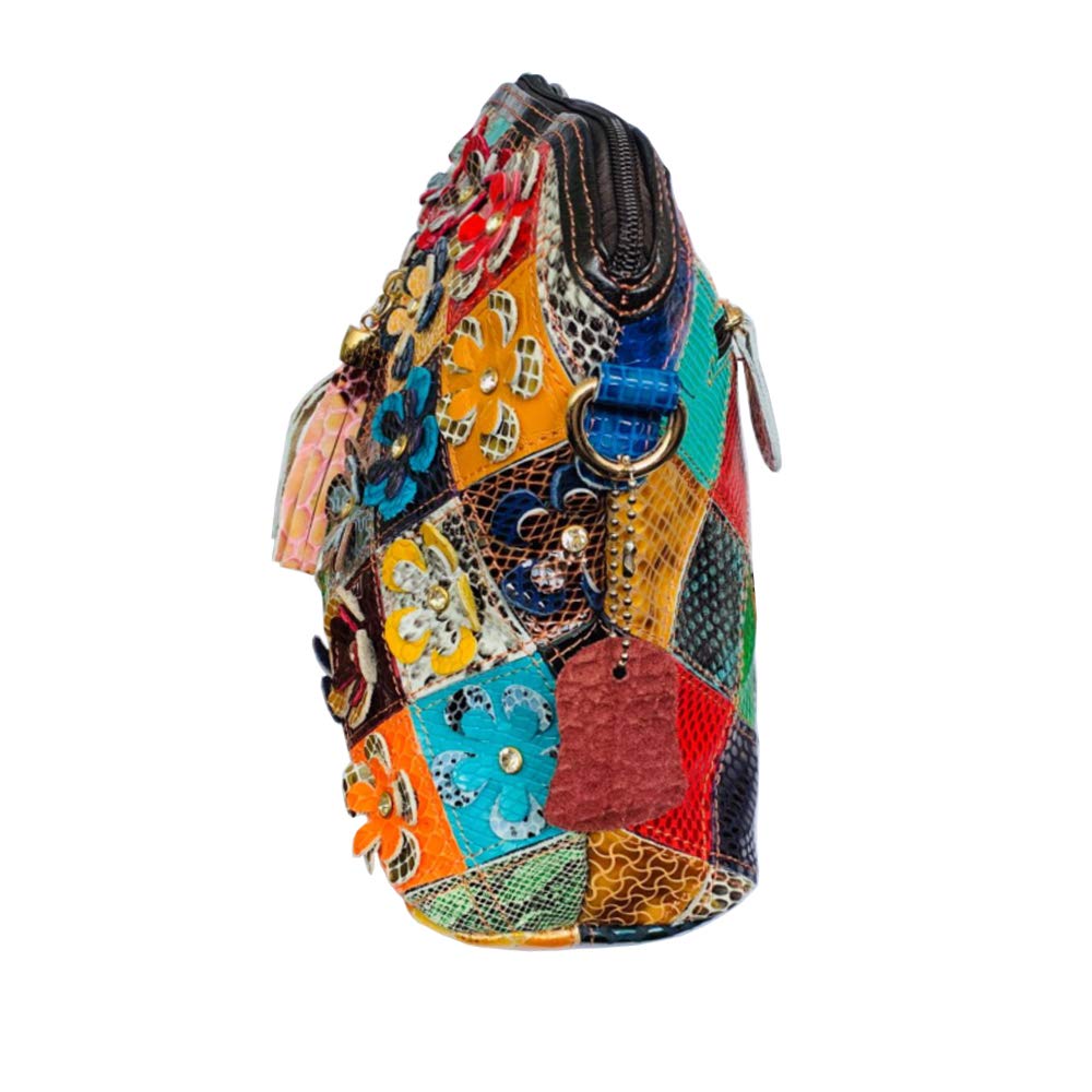 Segater® Women Multicolor Floral Crossbody Bag Cowhide Leather Handbag 3D Snake Pattern Shoulder Bag Travel Patchwork Satchel
