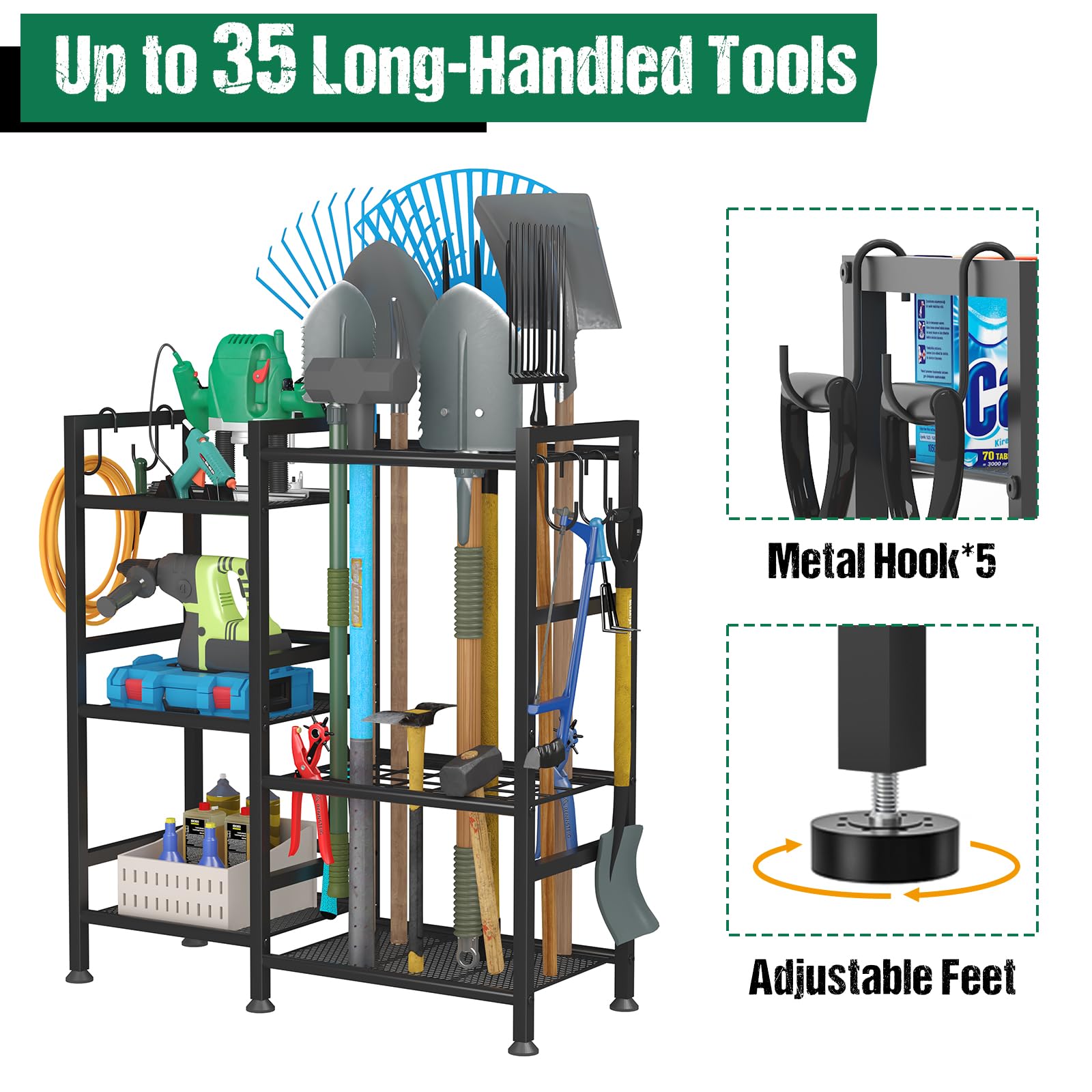 keomaisyto garden Tool Organizer for Garage Organization, 3 Tier Yard Tool Storage Rack with 35 Long-Handled Tool Slots, Heavy Duty Garden Tool Holder with Large Hooks for Shed, Yard, Garage