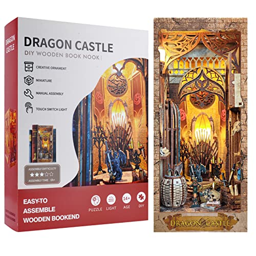 Dragon Castle 3D Puzzles DIY Book Nook Kit,DIY Miniature Dollhouse Kit,DIY Wooden booknook Diorama Kit, Bookshelf Decor Gifts for Teens/Adults