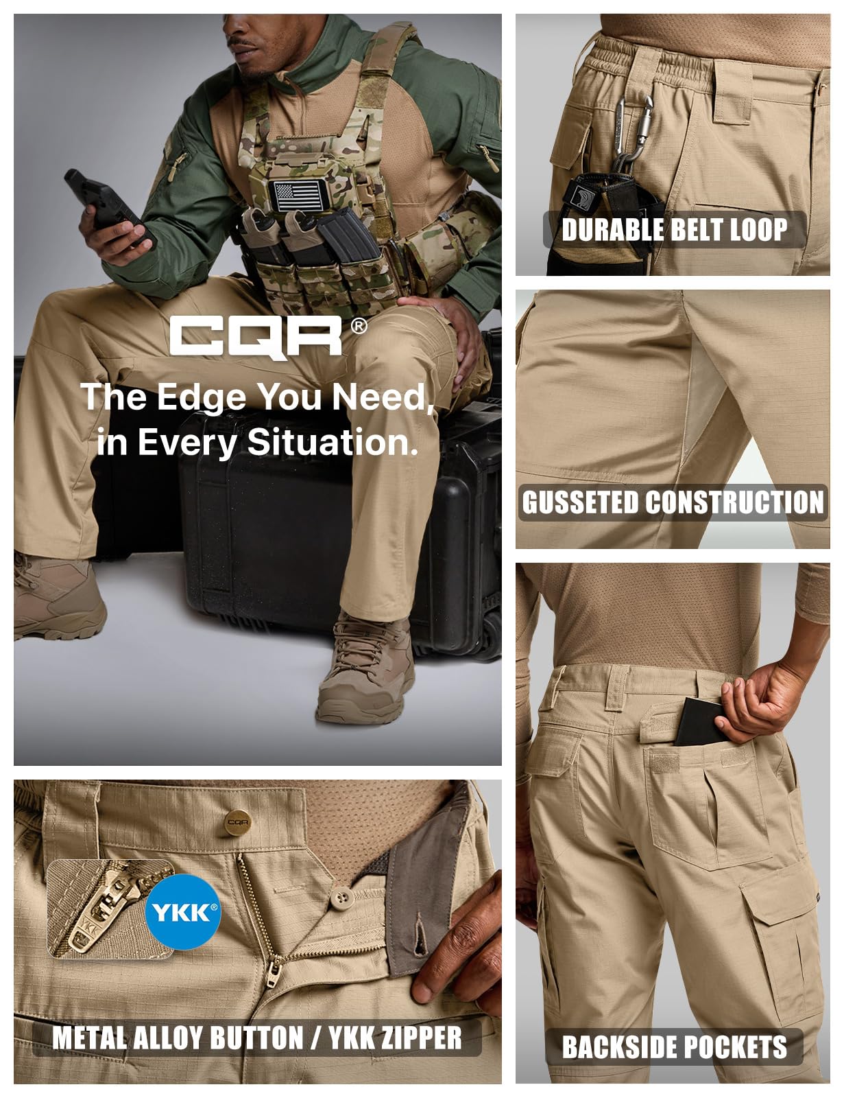 CQR Men's Tactical Pants, Water Resistant Ripstop Cargo Pants, Lightweight EDC Work Hiking, Outdoor Apparel, Duratex Mag Pocket Black, 34W x 30L