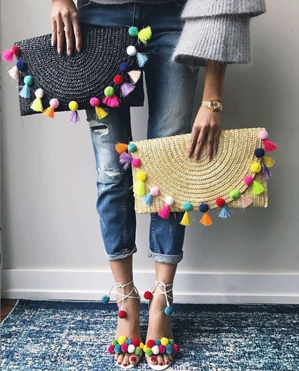 Straw Pom Pom and Tassel Clutch - Fashion Bag for Summer Large