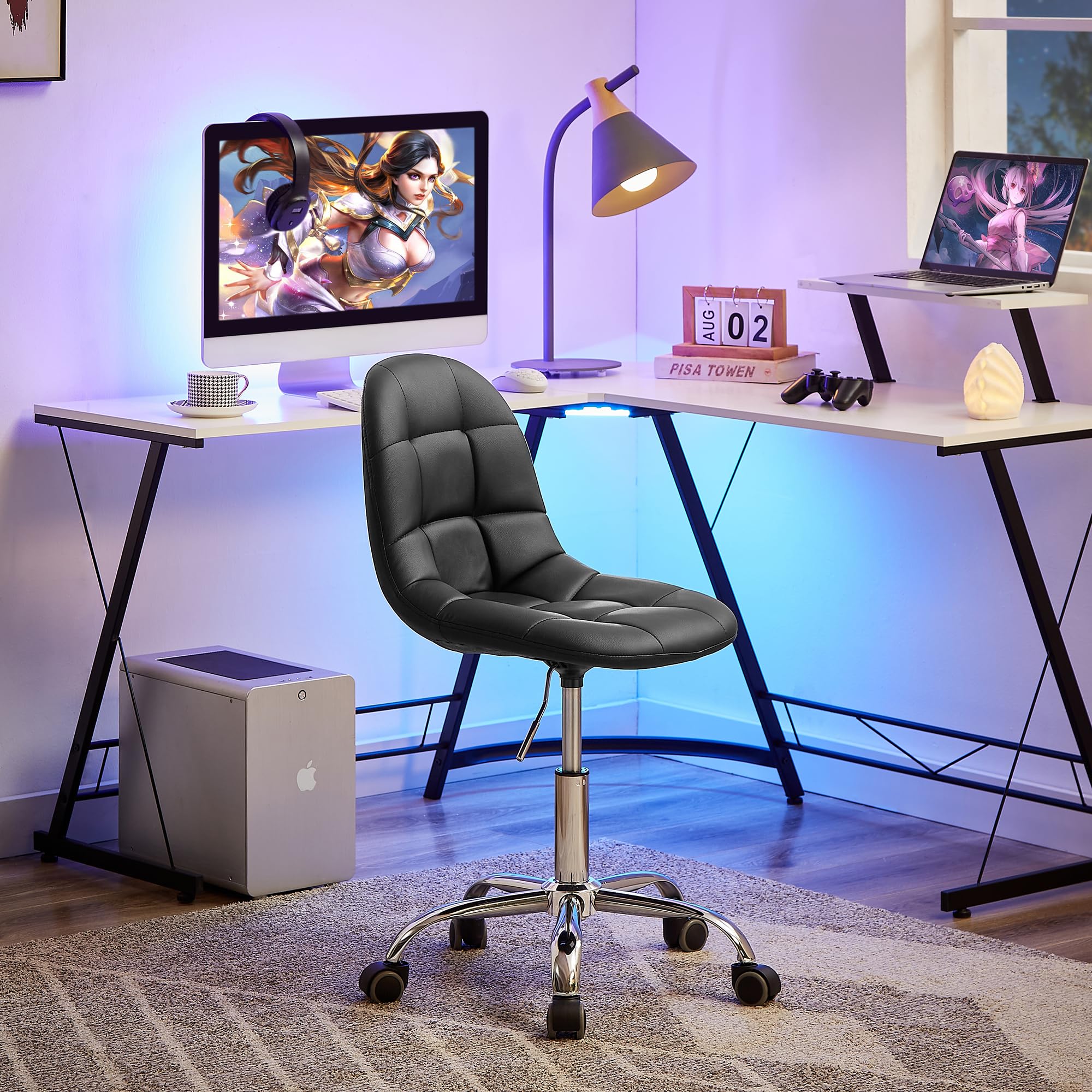 VECELO Soft Desk Chair, Stylish Casual Vanity Seat, Armless with Comfy Lumbar Support, PU Leather Hight Adjustable, 360° Rolling Swivel for Study, Work, Makeup, Weight up to 330 Lbs, Black