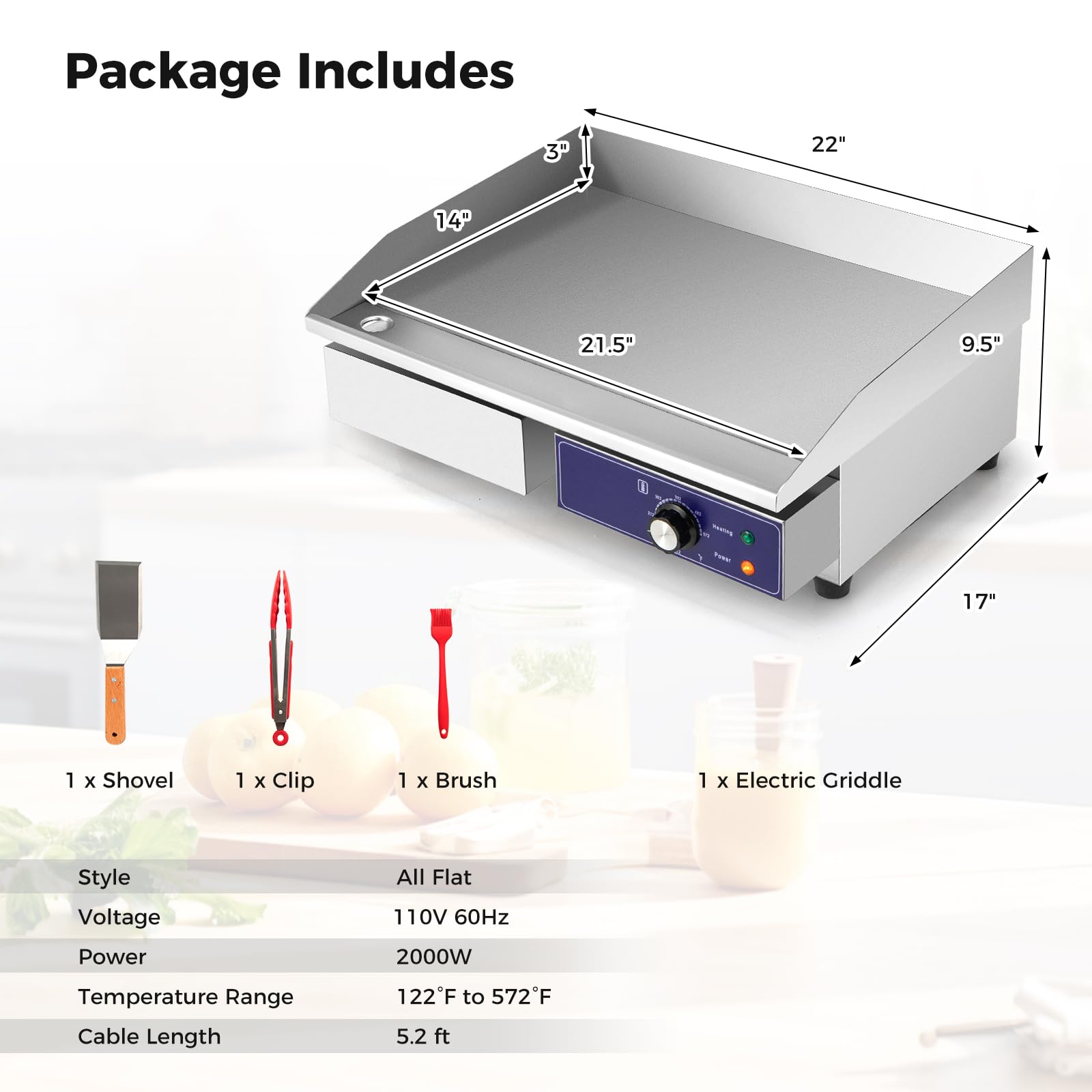Giantex Commercial Electric Griddle 22" - 110V 2000W Countertop Griddle with Cast Iron Griddle Plate & Stainless Steel Frame, Restaurant Teppanyaki Flat Top Grill, Adjustable Temp Control 122β-572β