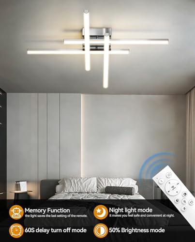 JFHTNFJ 24in Modern LED Ceiling Light, 40W Dimmable with Remote Control Semi Flush Mount Ceiling Light Fixture, Chrome LED Ceiling Lamp for Bedroom Kitchen Living Room